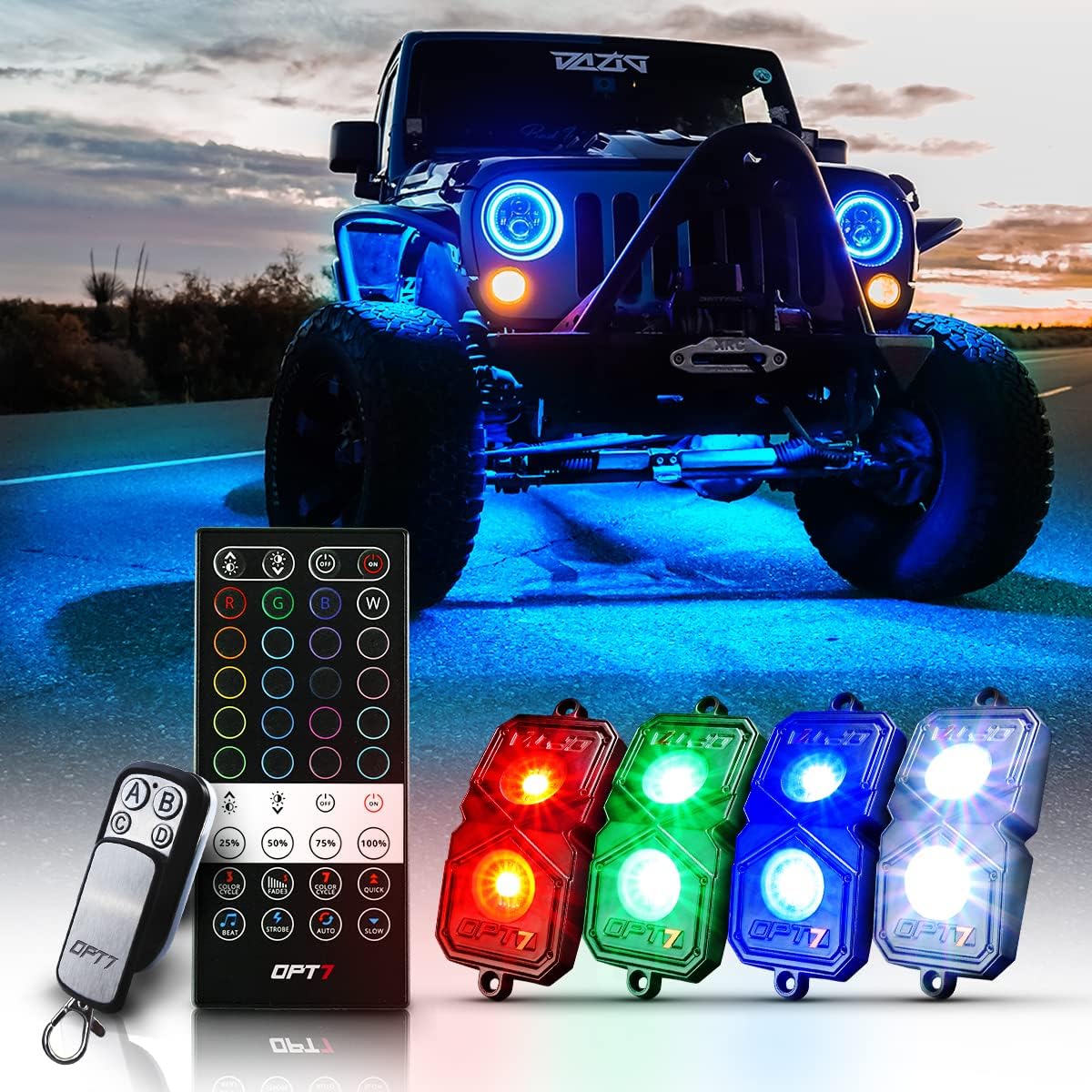 OPT7 4PC AURA Quantum LED Rock Light Kit Multi-Color+White RGBW Pods w ...